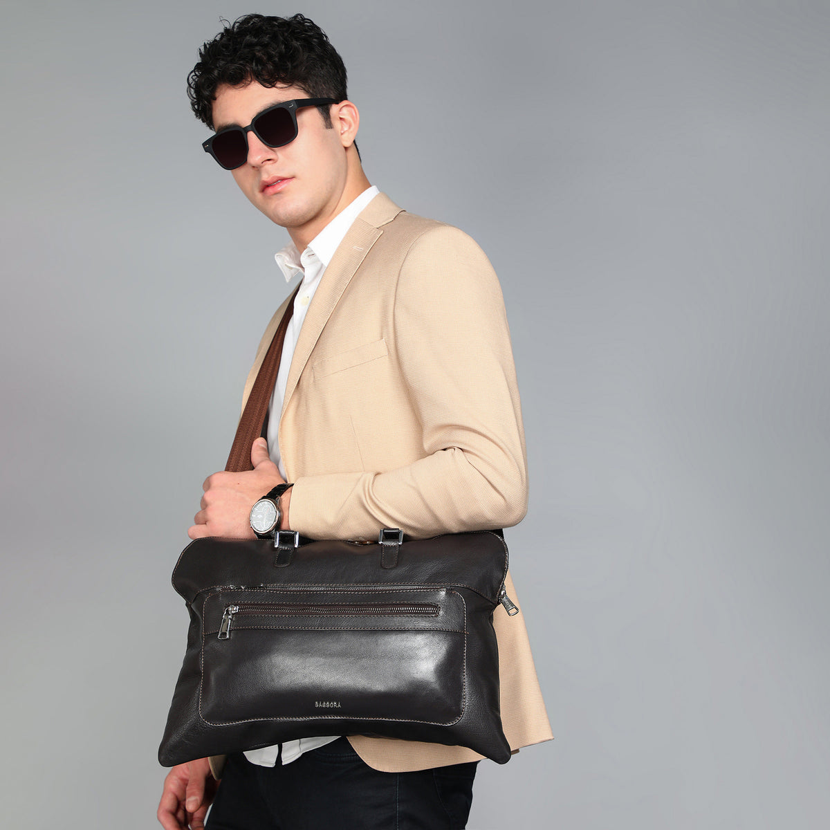 Sassora Genuine Soft Leather Unisex Black Hand Messenger Bag